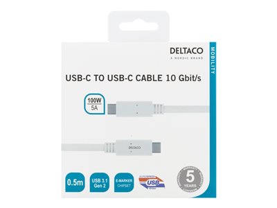 DELTACO - USB-kabel -C (hann) til USB-C (hann) - USB 3.1 Gen 2 - 5 A - 50 cm - USB Power ...