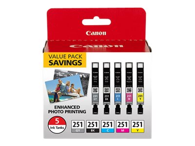 Canon CLI-251 Value Pack - 5-pack - gray, black, yellow, cyan, magenta ...
