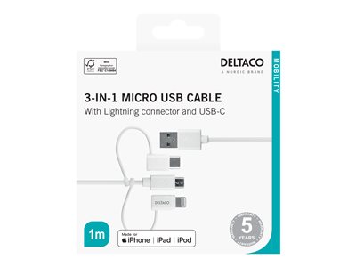 DELTACO - Lightning cable - USB male to Micro-USB Type B, Lightning, 24 ...