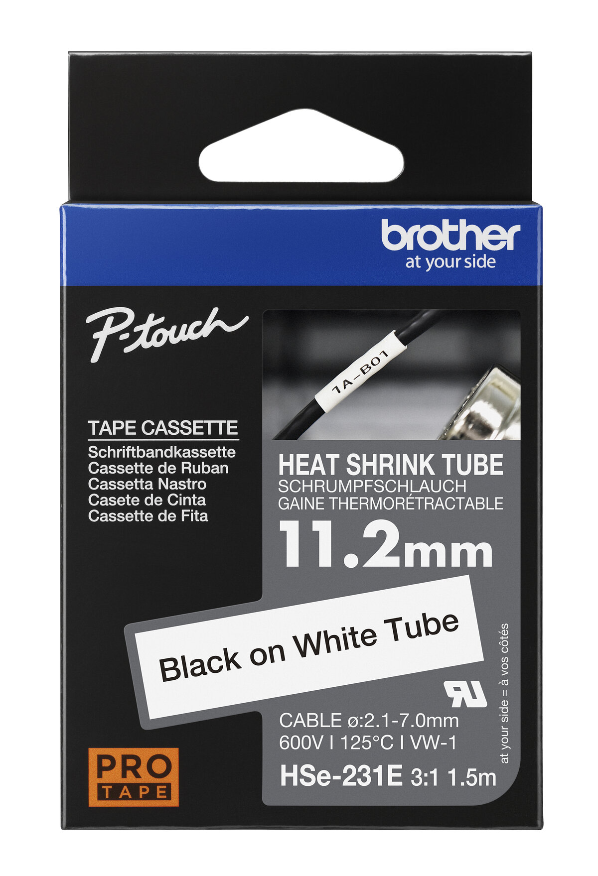 Brother HSE231E 11.2mm X 1.5m Black On White Heat Shrink Tubing Tape ...