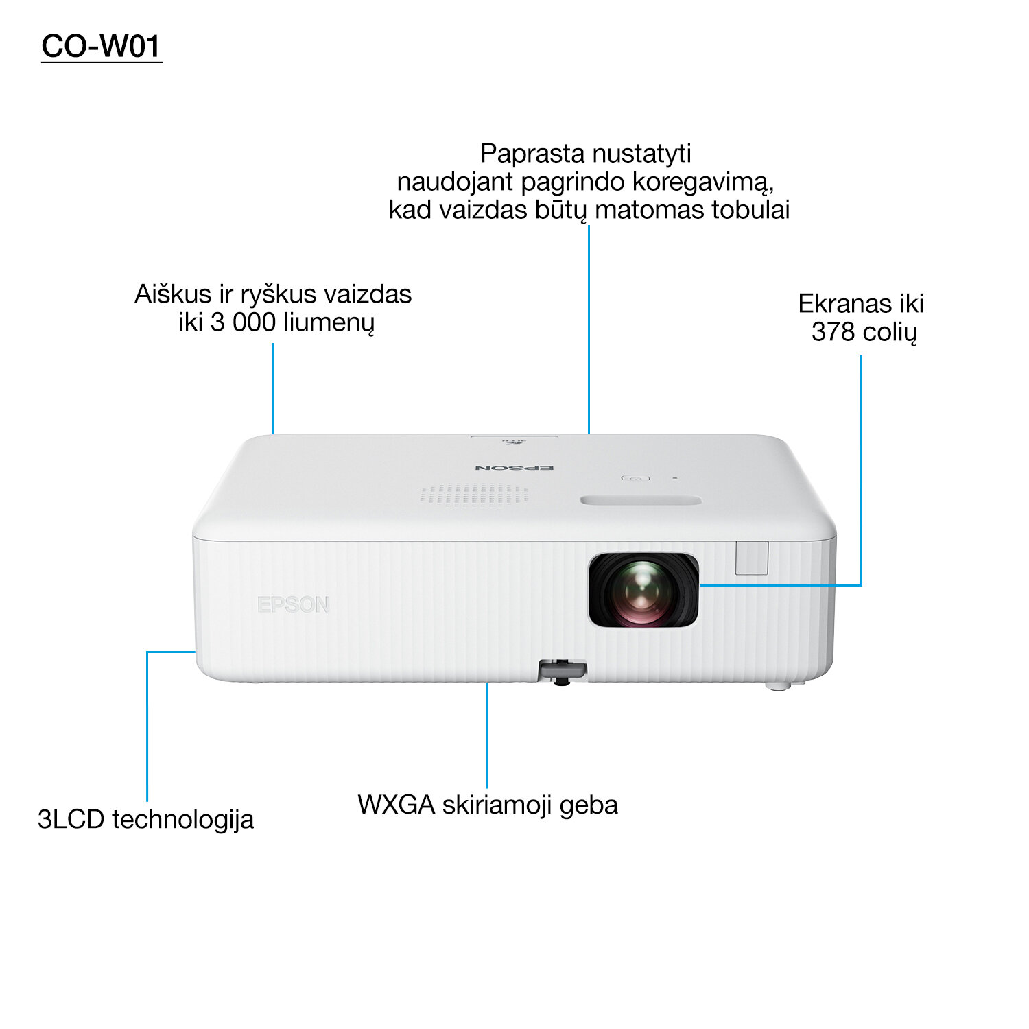 Projektorius EPSON CO-W01,3LCD WXGA 3000lm, White V11HA86040 - Topocentras