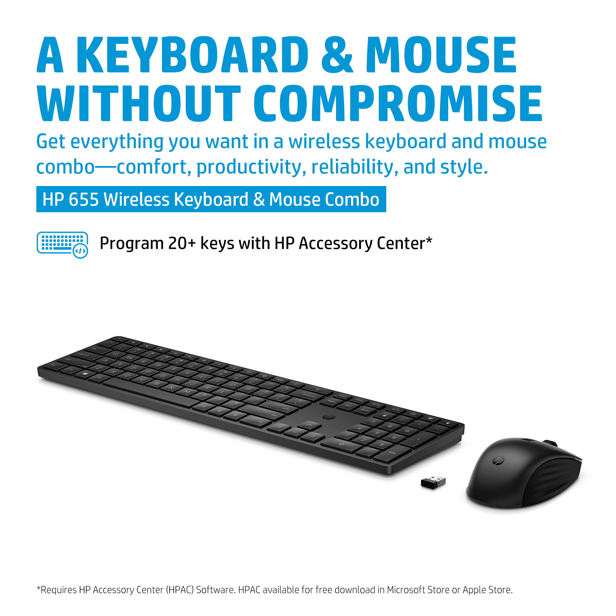 HP 655 - Keyboard and mouse set - 100% - full size - wireless - 2.4 GHz ...