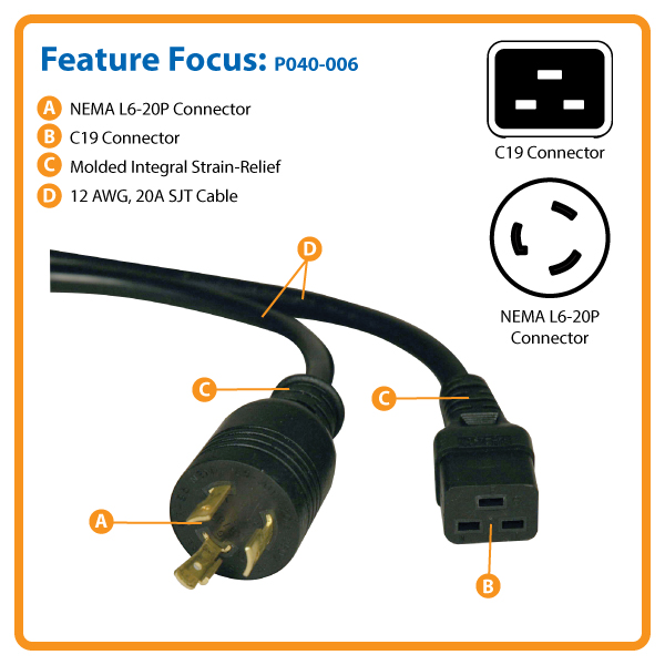 Tripp Lite 6ft Power Cord Extension Cable L6-20P to C19 Heavy Duty 20A ...