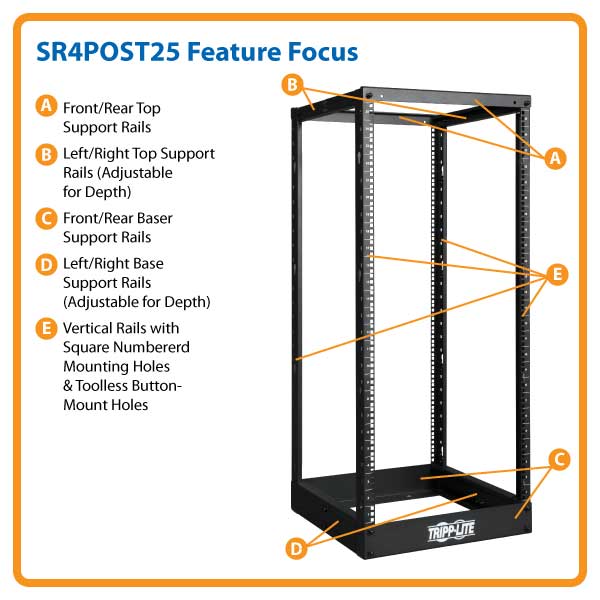 Tripp Lite 25U 4-Post Open Frame Rack Cabinet Square Holes 1000lb ...