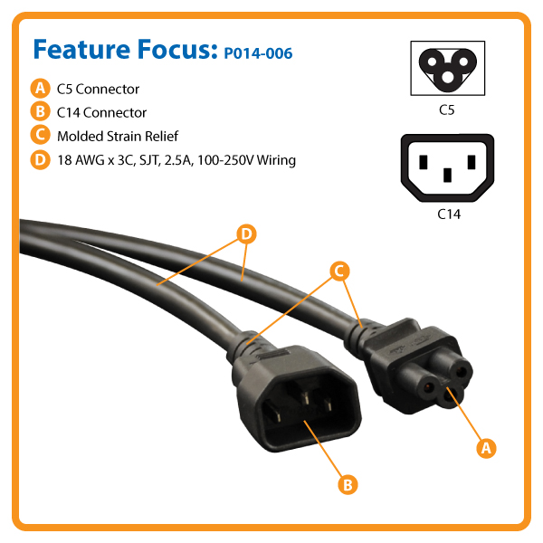 Tripp Lite 6ft Laptop Power Cord Adapter Cable C14 to C5 7A 18AWG 6 ...
