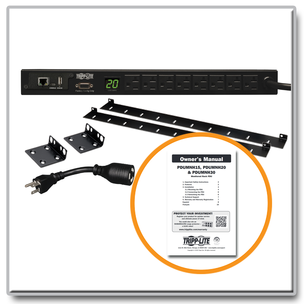 Tripp Lite PDU Monitored 120V 20A 5-15/20R 8 Outlet L5-20P Horizontal ...