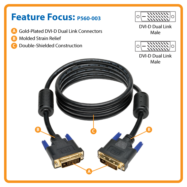 Tripp Lite 3ft DVI Dual Link Digital TMDS Monitor Cable Shielded DVI-D ...