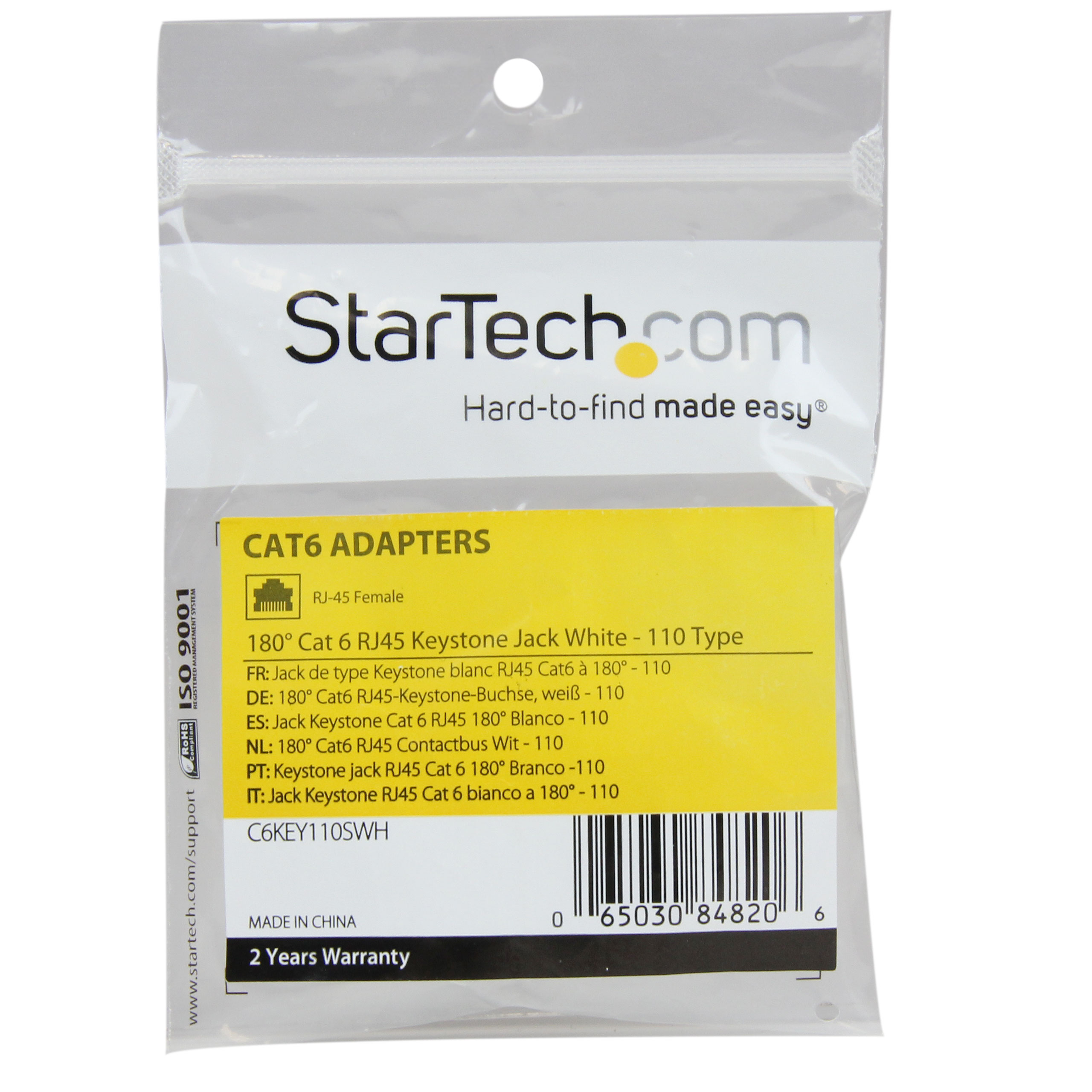 StarTech.com 180° Cat 6 Keystone Jack - RJ45 Ethernet Cat6 Wall Jack White