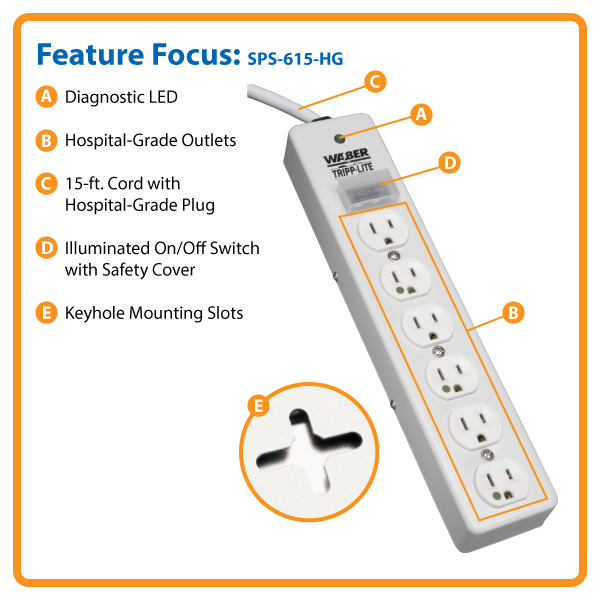 Tripp Lite Surge Protector Power Strip Medical Hospital Metal 6 Outlet ...