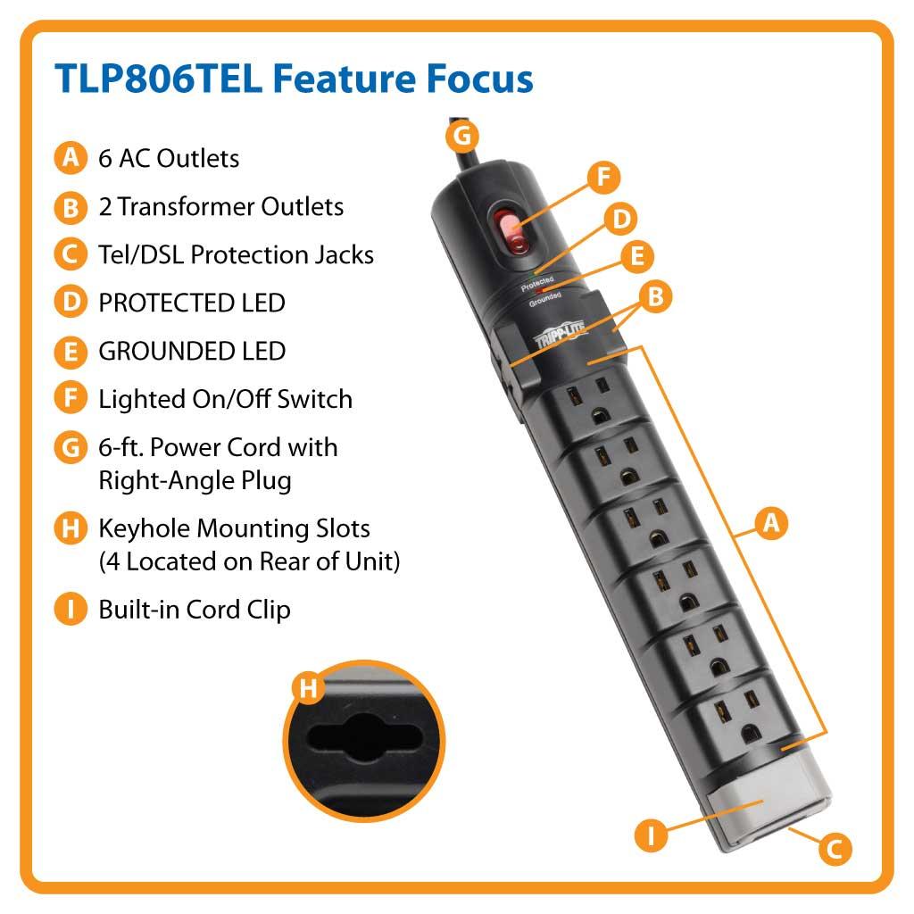 Tripp Lite Surge Protector Power Strip 120V 8 Outlet RJ11 6' Cord 2160 ...