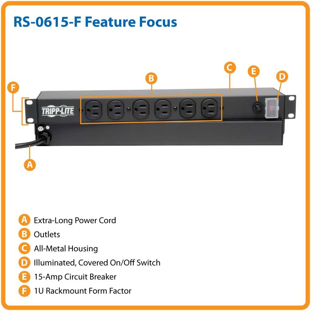 Tripp Lite Power Strip Rackmount Metal 120V 5-15R 6 Front Face Outlet ...