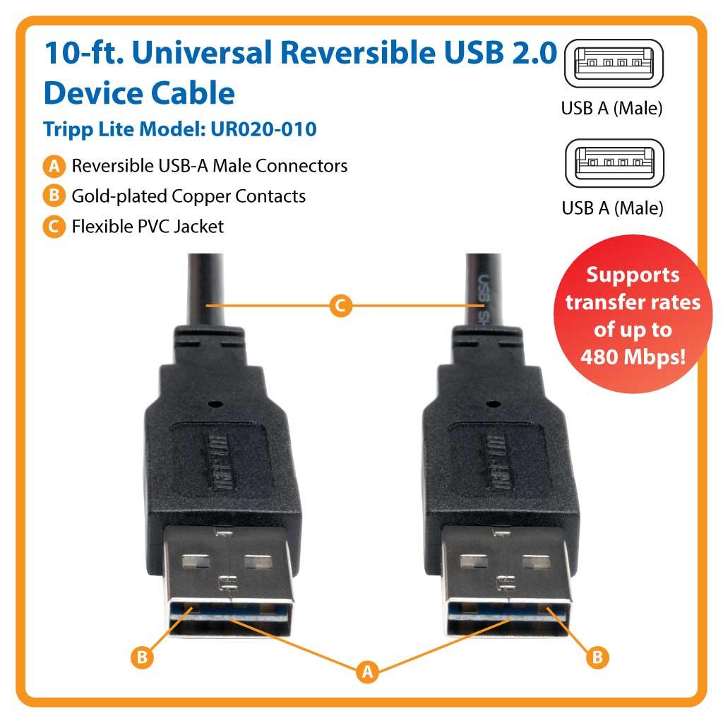 Tripp Lite 10ft USB 2.0 High Speed Reversible Connector Cable Universal ...