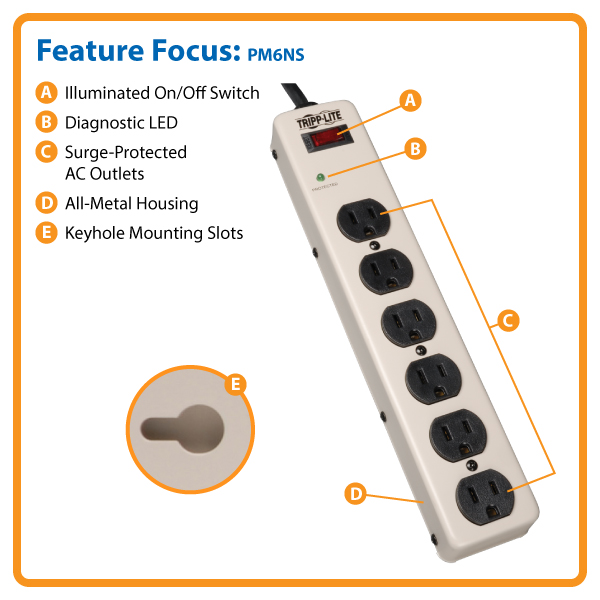 Tripp Lite Waber Surge Protector Power Strip Metal 6 Outlet 6' Cord ...