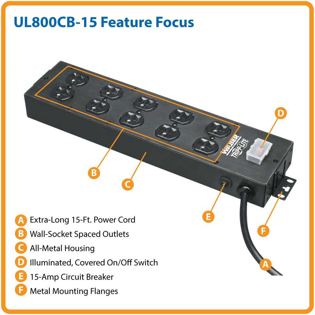Tripp Lite Waber Power Strip 120V 5-15R 10 Outlet Metal 15' Cord 5-15P ...