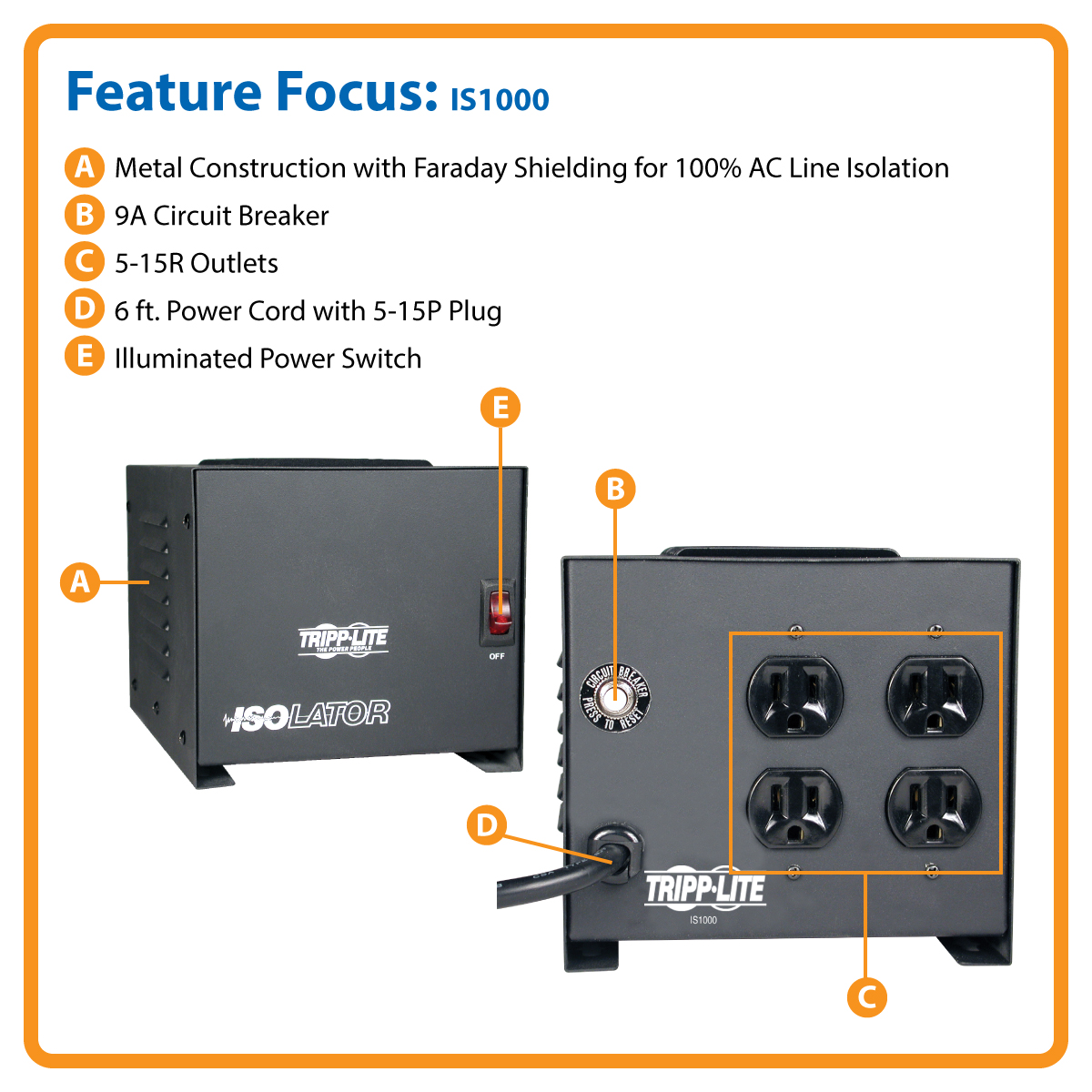 Tripp Lite 1000W Isolation Transformer with Surge 120V 4 Outlet 6ft ...