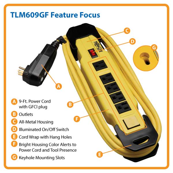 Tripp Lite Safety Power Strip 120V 5-15R 6 Outlet 9' Cord GFCI Plug ...