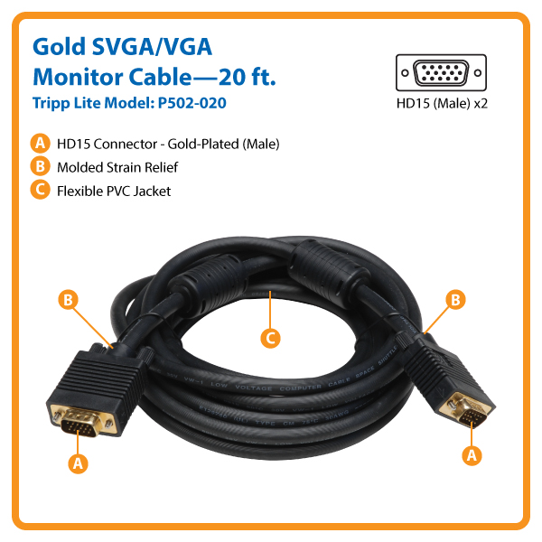 Tripp Lite 20ft SVGA / VGA Coax Monitor Cable with RGB High Resolution HD15 M/M 20' - VGA cable ...