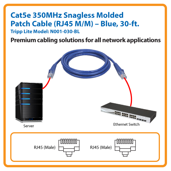 Tripp Lite 30ft Cat5e / Cat5 Snagless Molded Patch Cable RJ45 M/M Blue ...