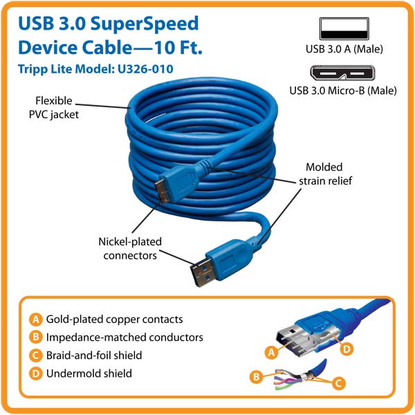 Tripp Lite 10ft USB 3.0 SuperSpeed Device Cable USB-A Male to USB Micro ...