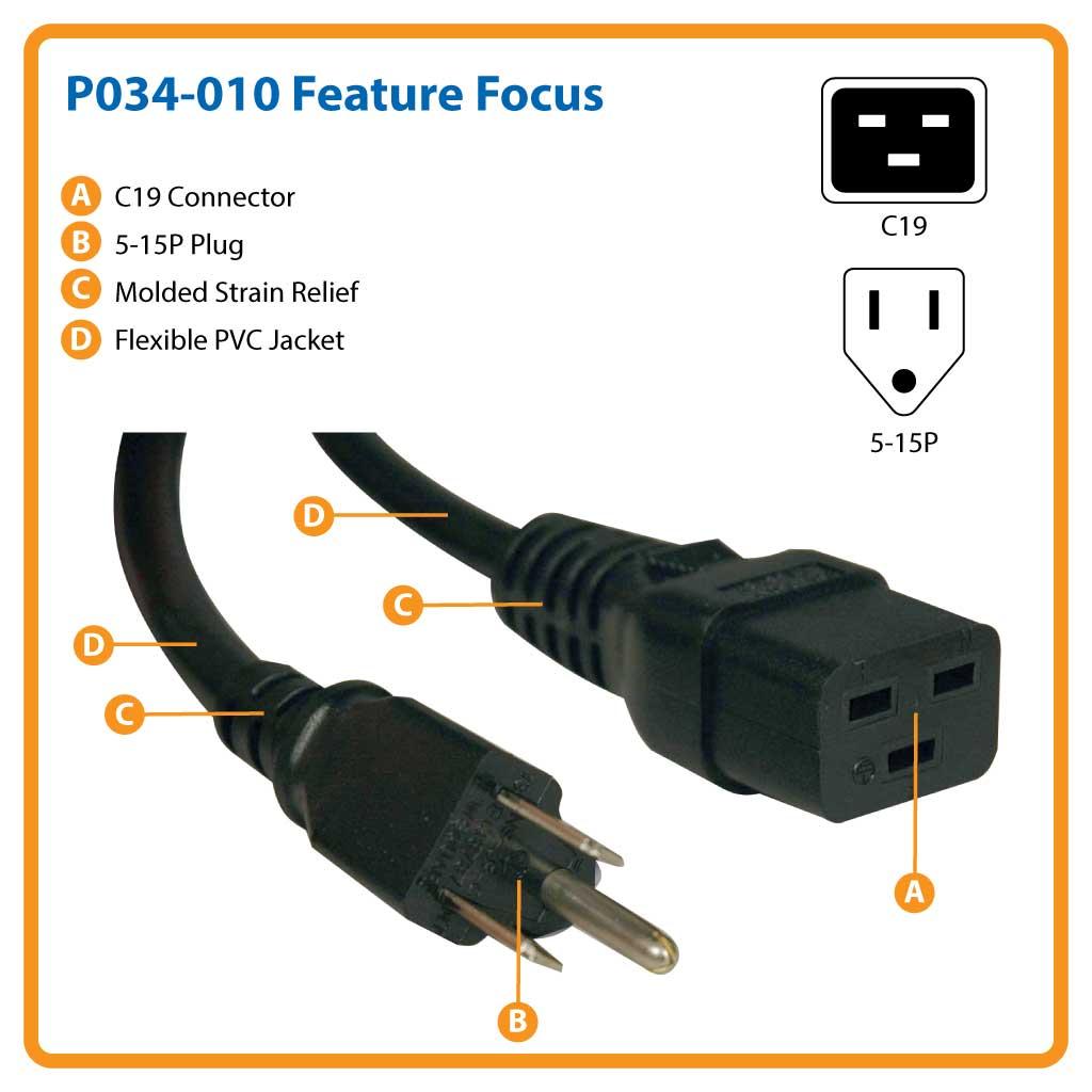 Tripp Lite 10ft Power Cord Cable 5-15P to C19 Heavy Duty 15A 14AWG 10 ...