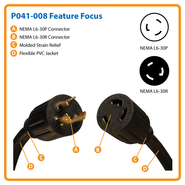 Tripp Lite 8ft Power Cord Extension Cable L6-30P to L6-30R Heavy Duty ...