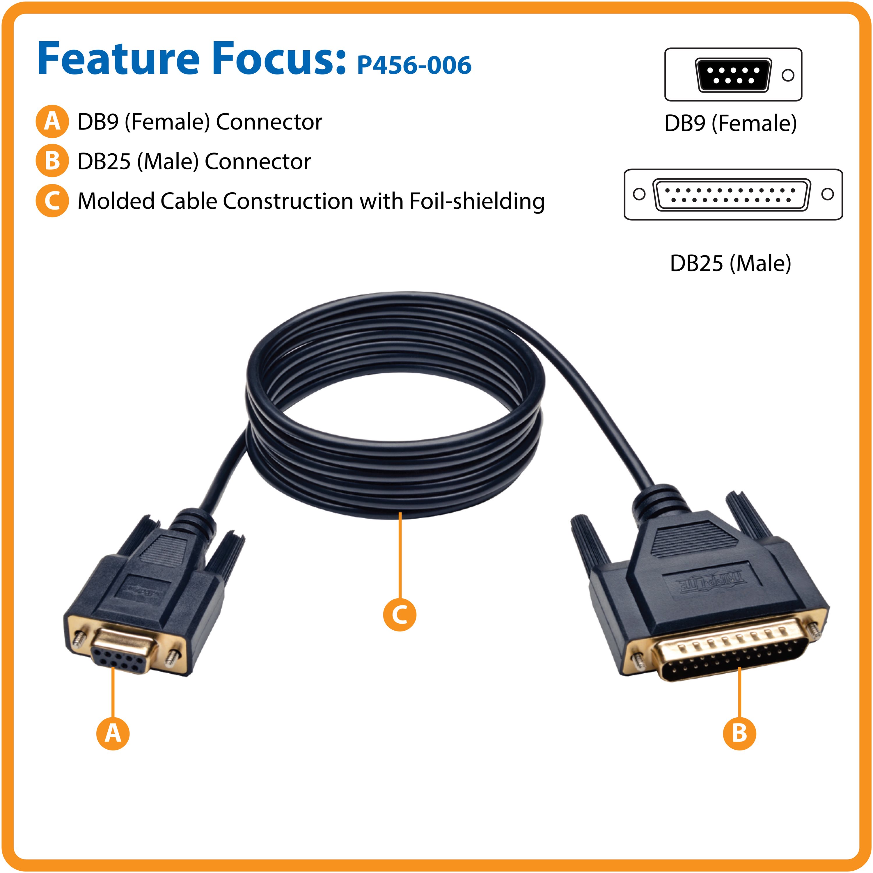 Tripp Lite 6ft Null Modem Serial RS232 Cable Adapter DB9 to BD25 F/M 6 ...