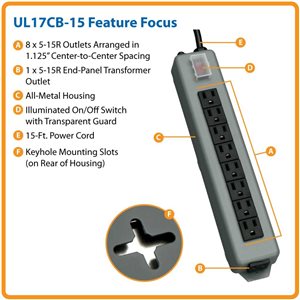 Tripp Lite Waber Power Strip 120V 5-15R 9 Outlet Metal 15' Cord 5-15P ...