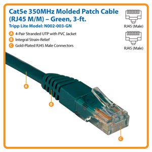 Tripp Lite 3ft Cat5e / Cat5 350MHz Molded Patch Cable RJ45 M/M Green 3 ...
