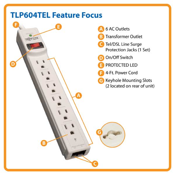 Tripp Lite Surge Protector Power Strip 120V 6 Outlet RJ11 4' Cord 790 ...