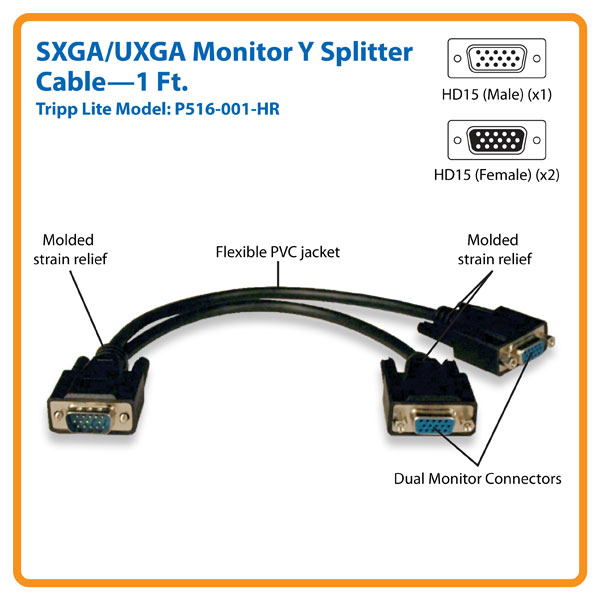 Tripp Lite 1ft VGA Monitor Y Splitter Cable High Resolution HD15 M/2xF ...