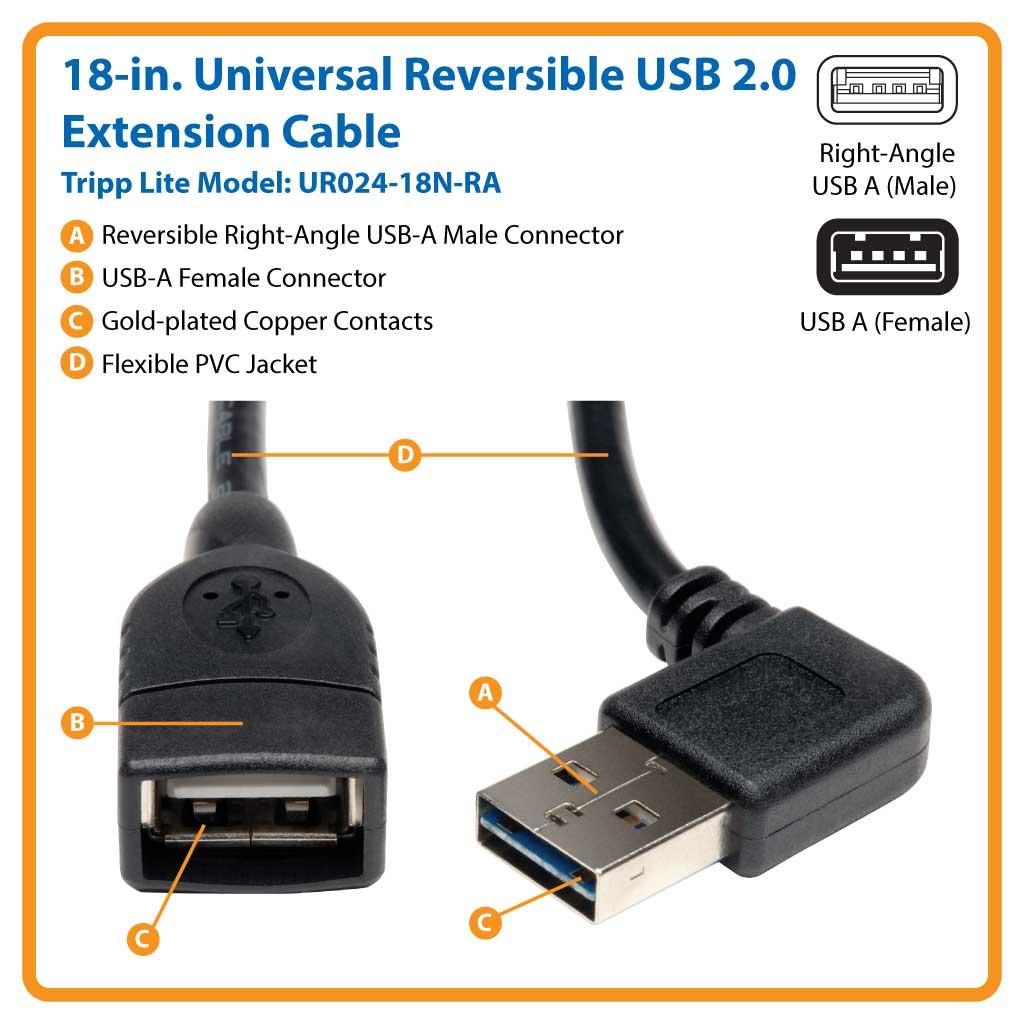 Tripp Lite 18in USB 2.0 High Speed Extension Cable Reversible Right ...