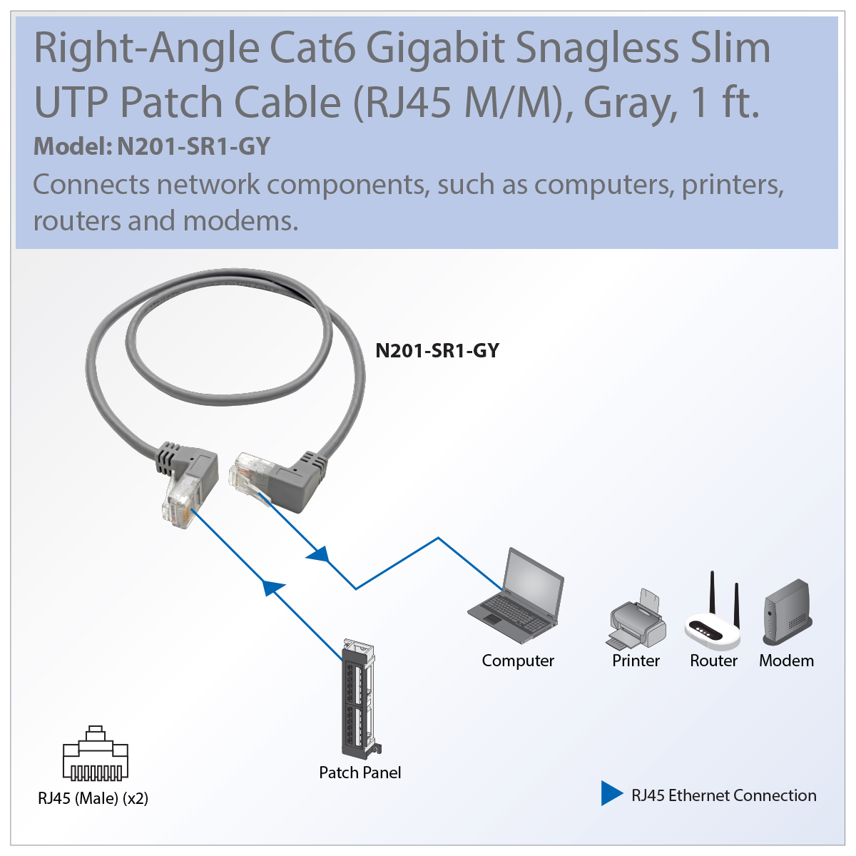 Tripp Lite Cat6 Gigabit Patch Cable Snagless Right-Angle UTP Slim Gray ...