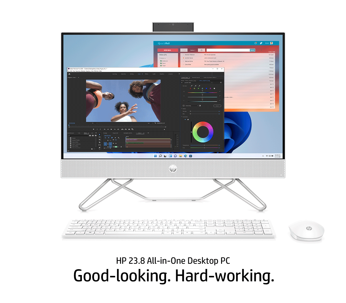 White PC shows video editing software.