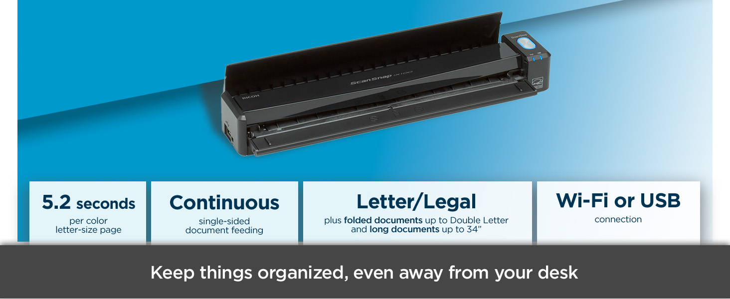 Ricoh ScanSnap iX100 - sheetfed scanner - portable - USB 2.0, Wi-Fi