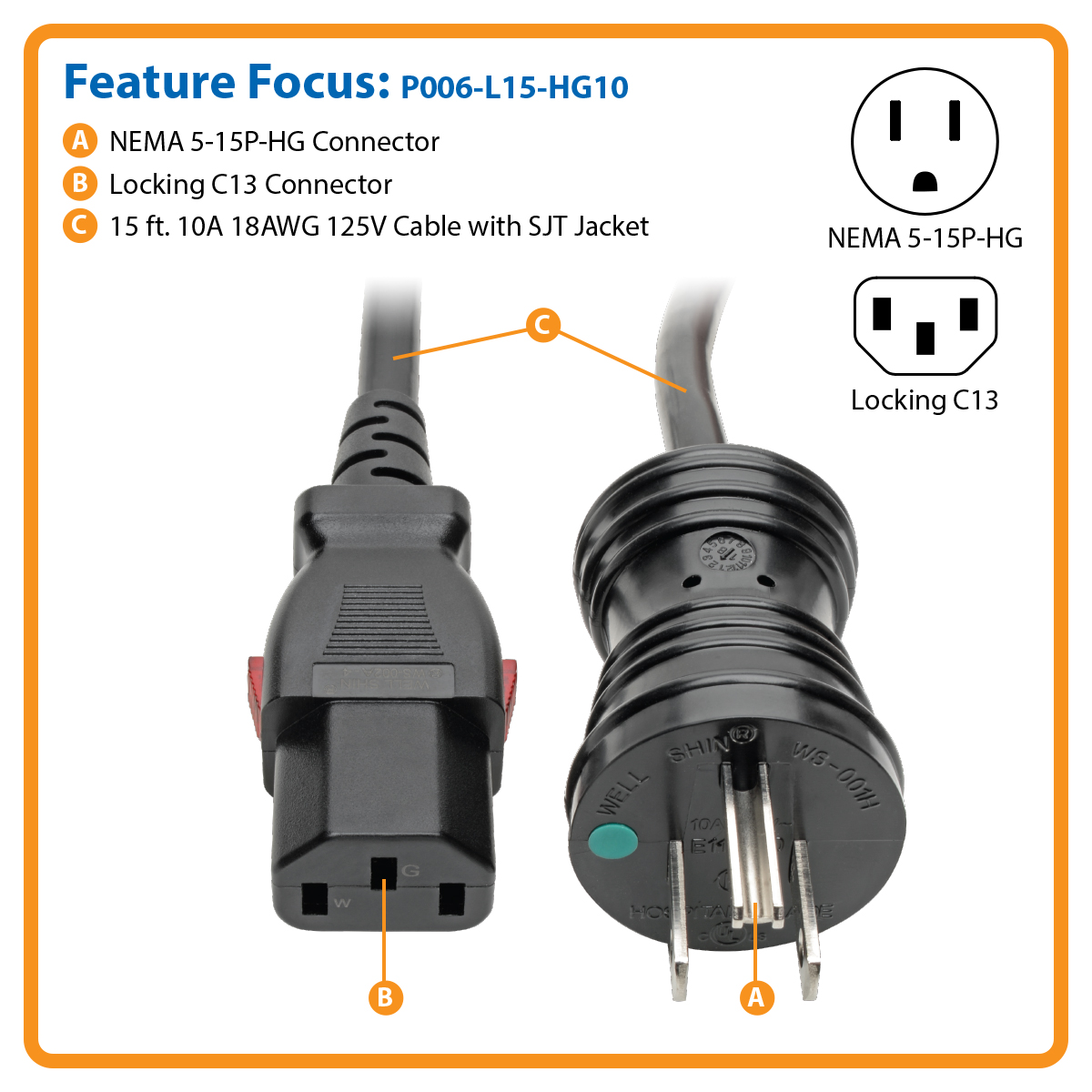 Tripp Lite Hospital-Grade Power Cord, NEMA 5-15P to Locking IEC C13 ...