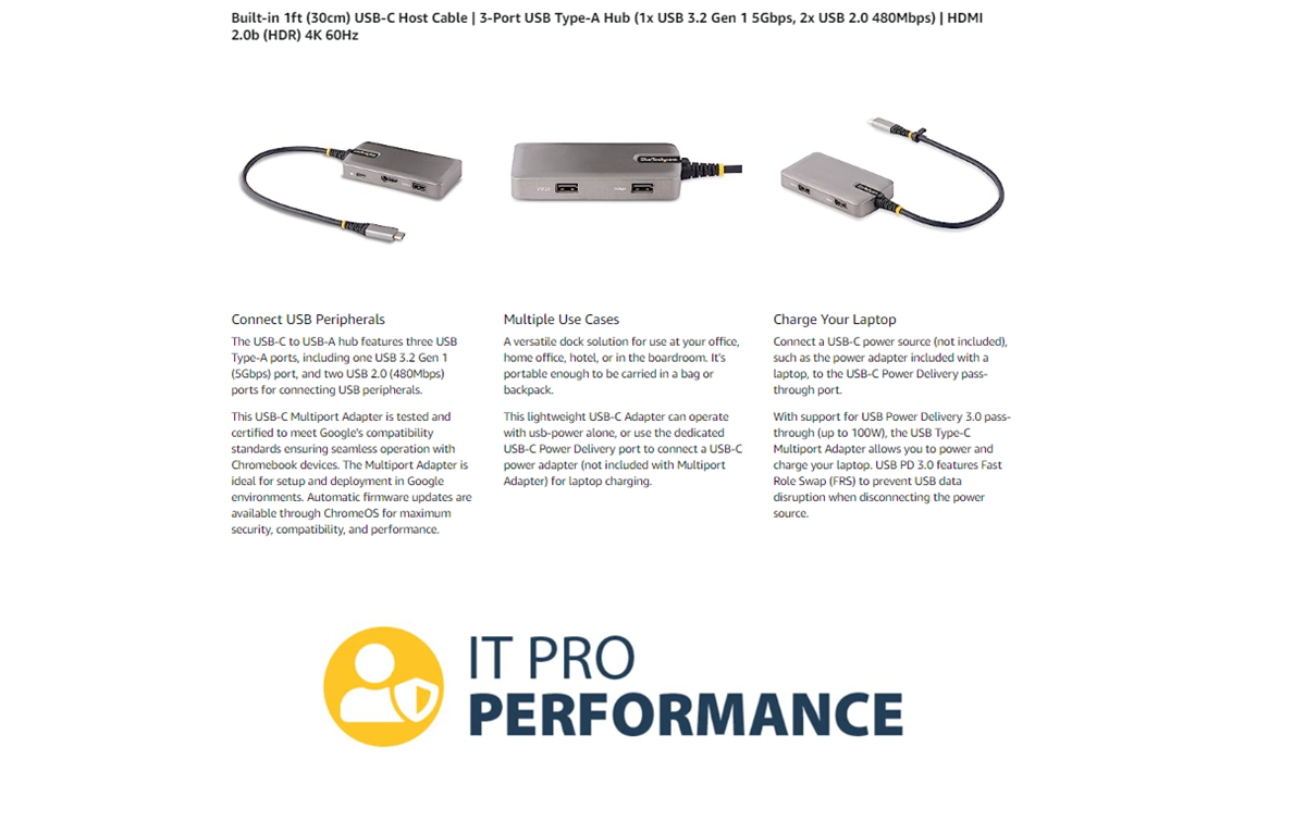 StarTech.com USB-C Multiport Adapter, 4K 60Hz HDMI, HDR, 3-Port USB Hub, PD, Windows/macOS/ChromeOS