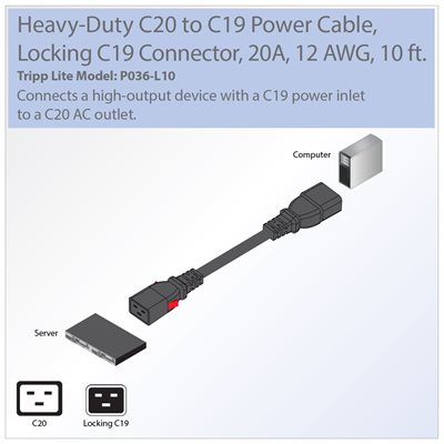 Tripp Lite C20 to C19 Power Cable - Locking C19 Connector, Heavy Duty ...