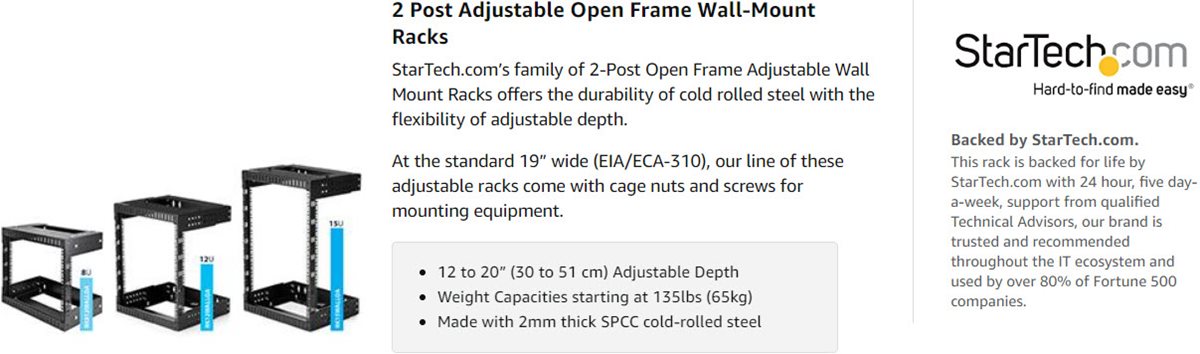 StarTech.com 2-Post 24U Heavy-Duty Wall Mount Network Rack, 19" Open ...