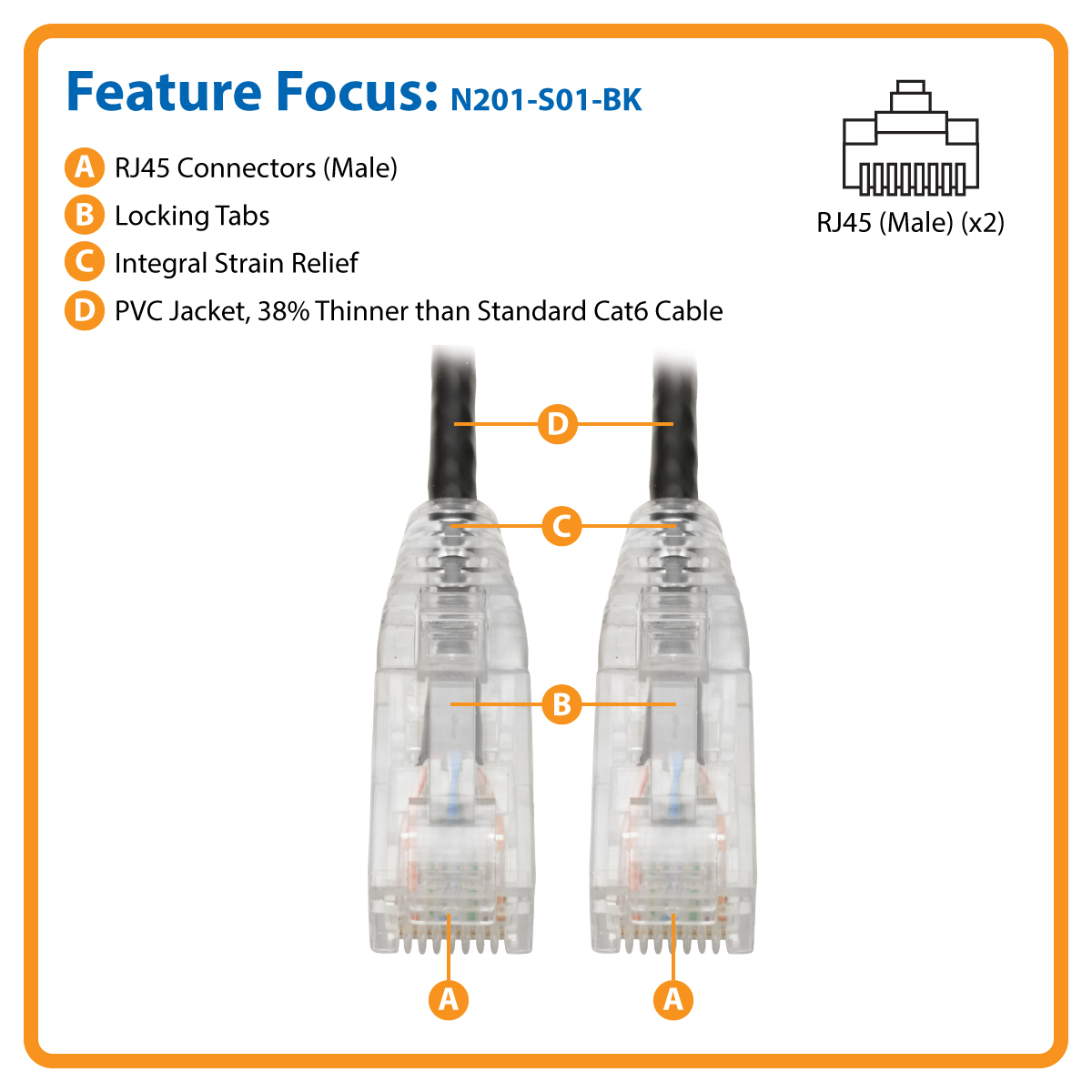 Tripp Lite Cat6 UTP Patch Cable (RJ45) - M/M, Gigabit, Snagless, Molded, Slim, Black, 1 ft ...