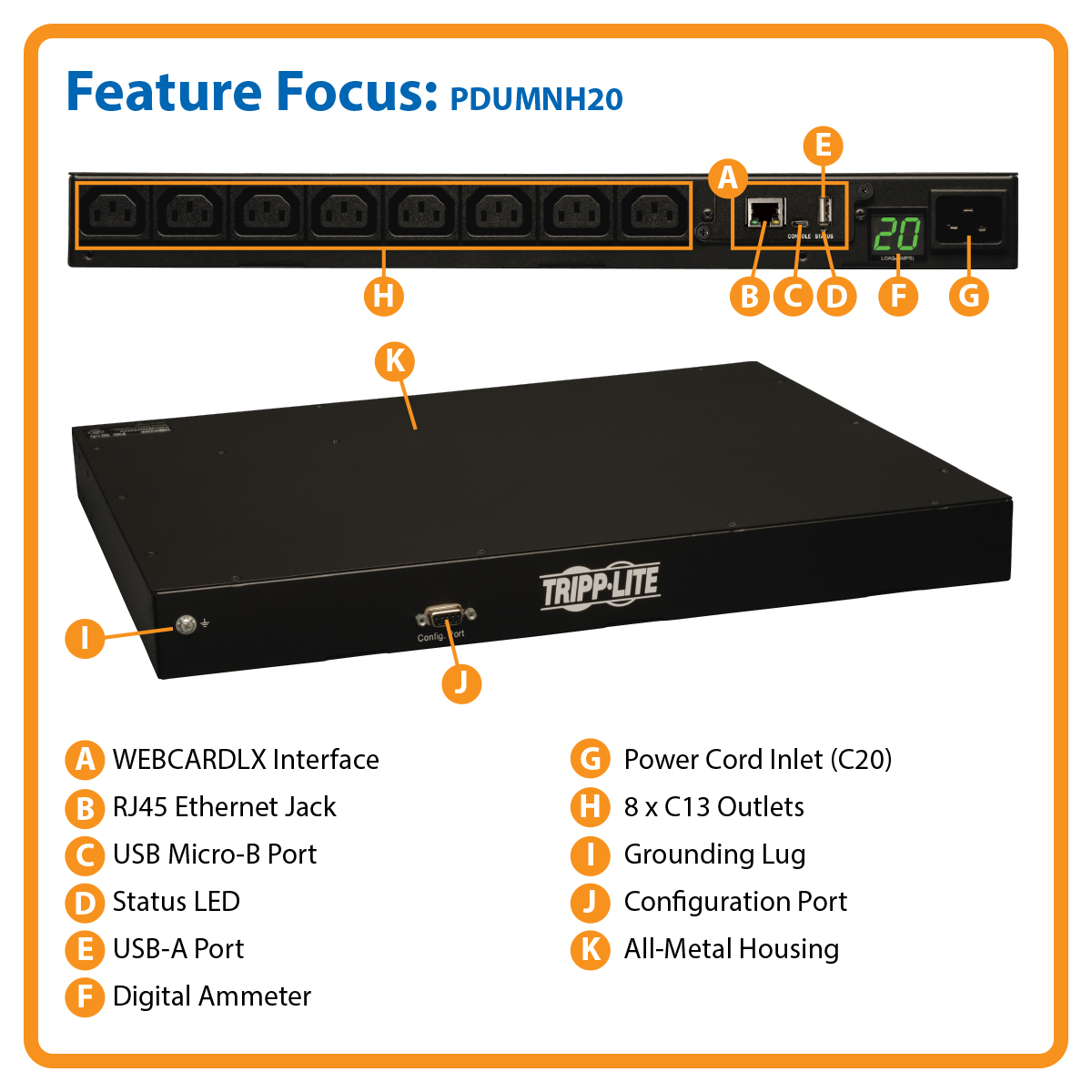 Tripp Lite PDU Monitored 208V-240V 20A C13 8 Outlet L6-20P Horizontal ...