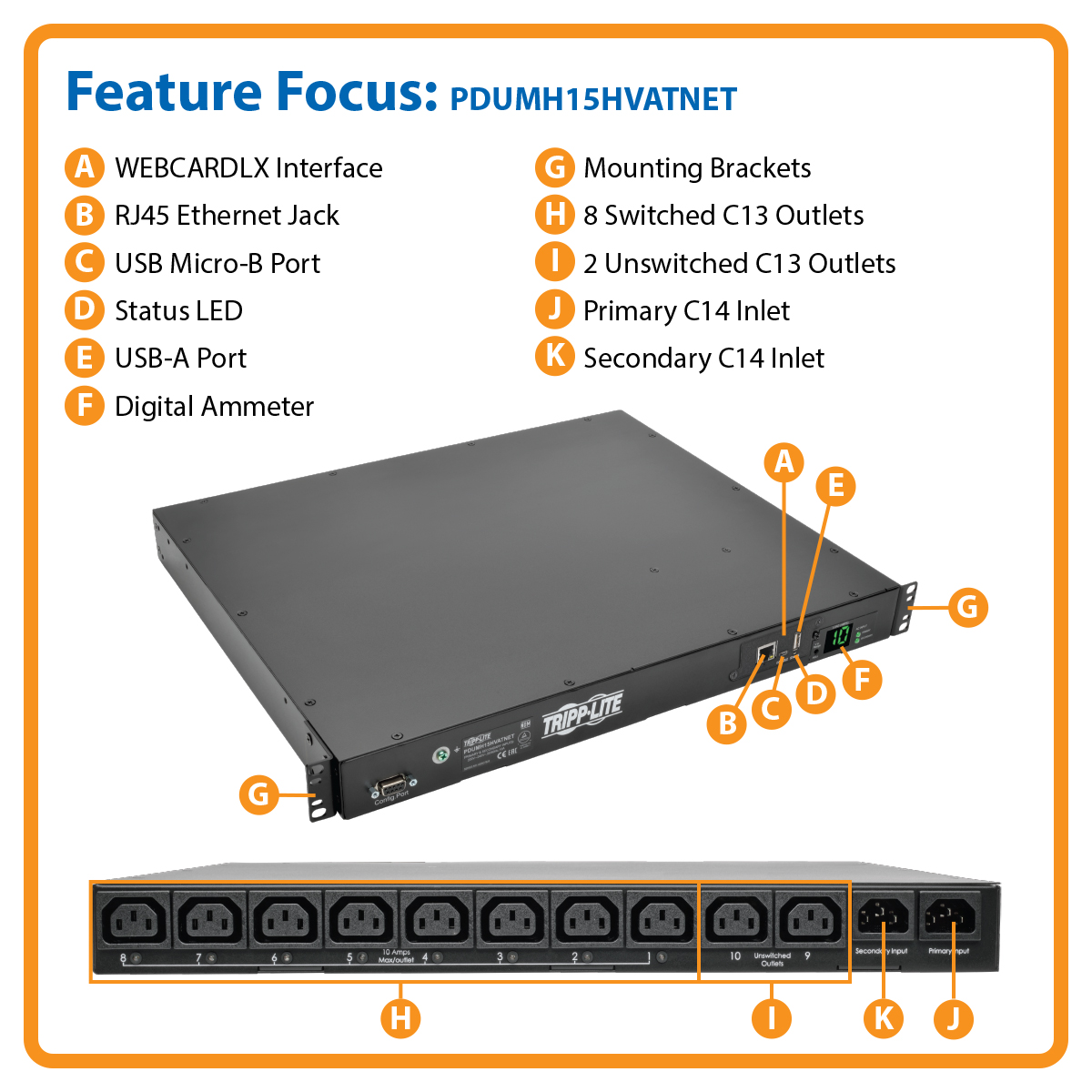 Tripp Lite PDU Switched ATS 2/2.4KW 200/240V 10 C13 2 C14 3.6M Cords ...