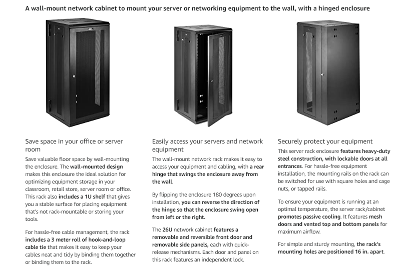StarTech.com 4-Post 26U Wall Mount Network Cabinet, Hinged Wall-Mounted ...