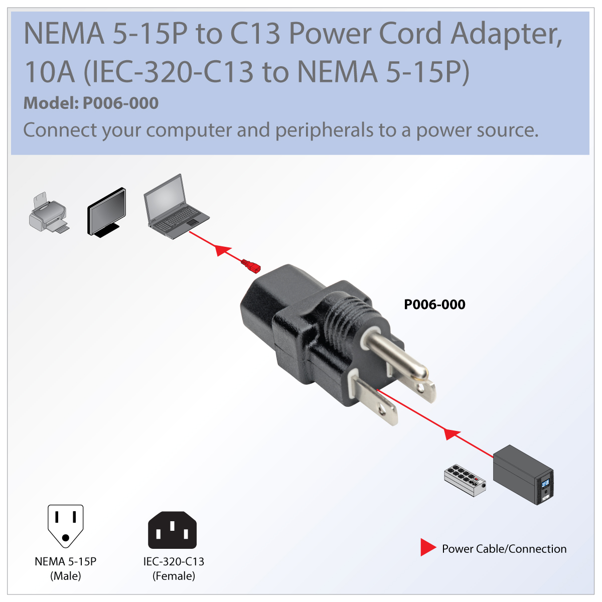 Tripp Lite NEMA 5-15P to C13 Power Cord Adapter - 15A, 125V, Black - power connector adapter ...