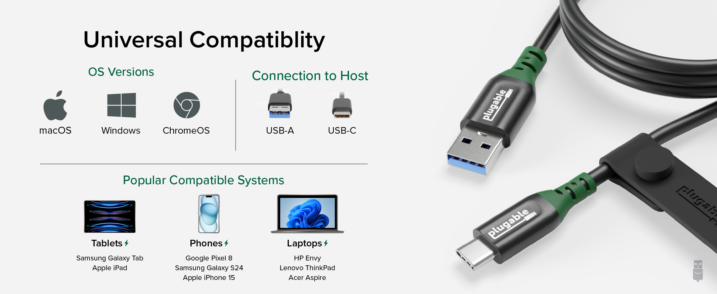 Plugable USB C to USB A Cable, USB 3.2 Gen 2 USB Cables, 3A (15W ...