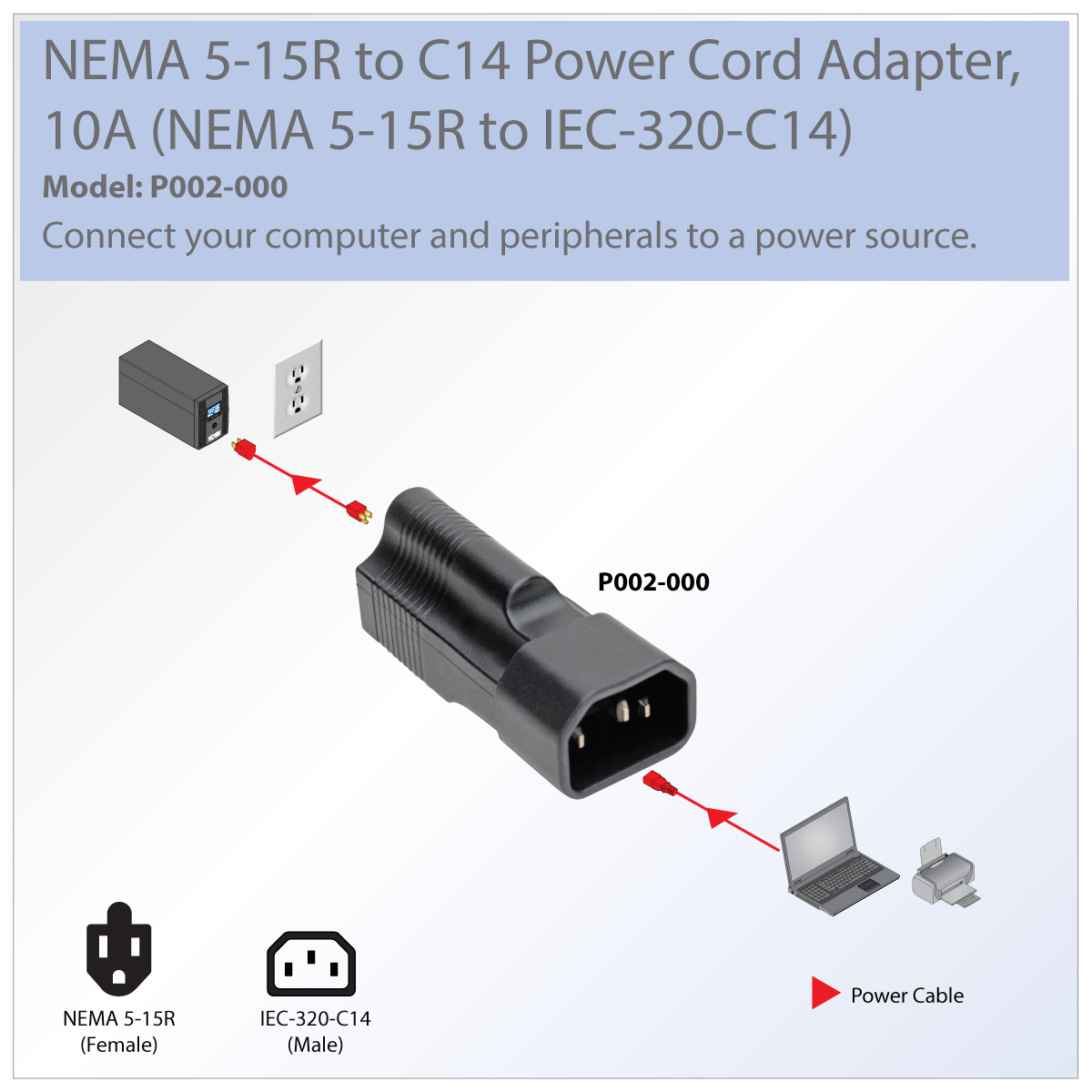 Tripp Lite NEMA 5-15R to C14 Power Cord Adapter - 15A, 125V, Black - power connector adapter ...