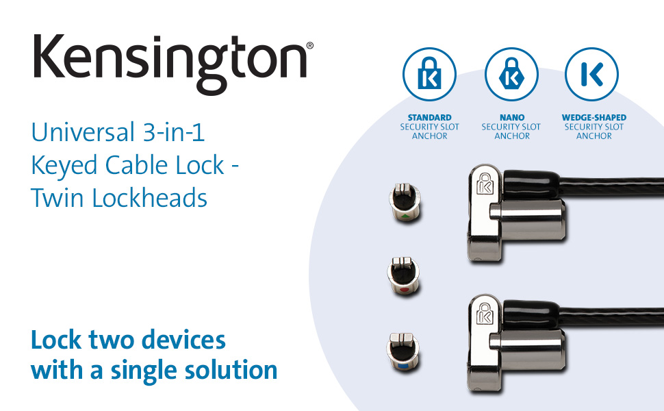 Kensington Universal 3-in-1 Keyed Cable Lock - Twin Lockheads ...