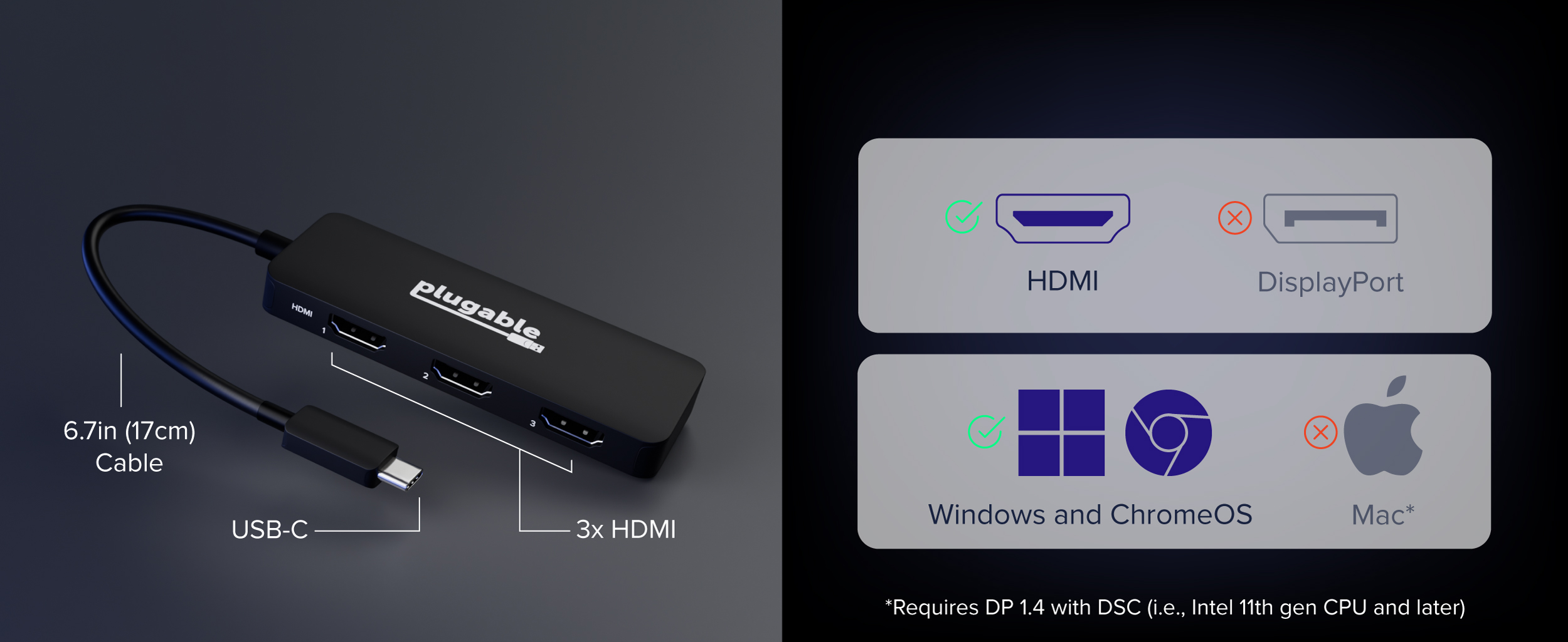 Plugable - docking station - USB-C - 3 x HDMI