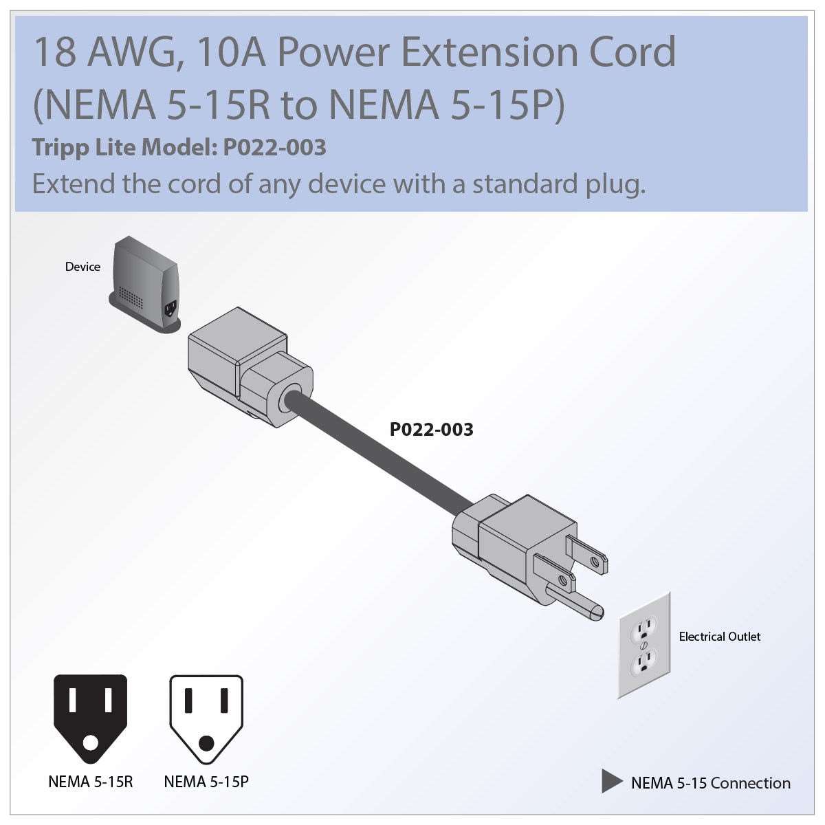 Tripp Lite Standard Power Extension Cord, 10A, 18 AWG (NEMA 5-15P to ...