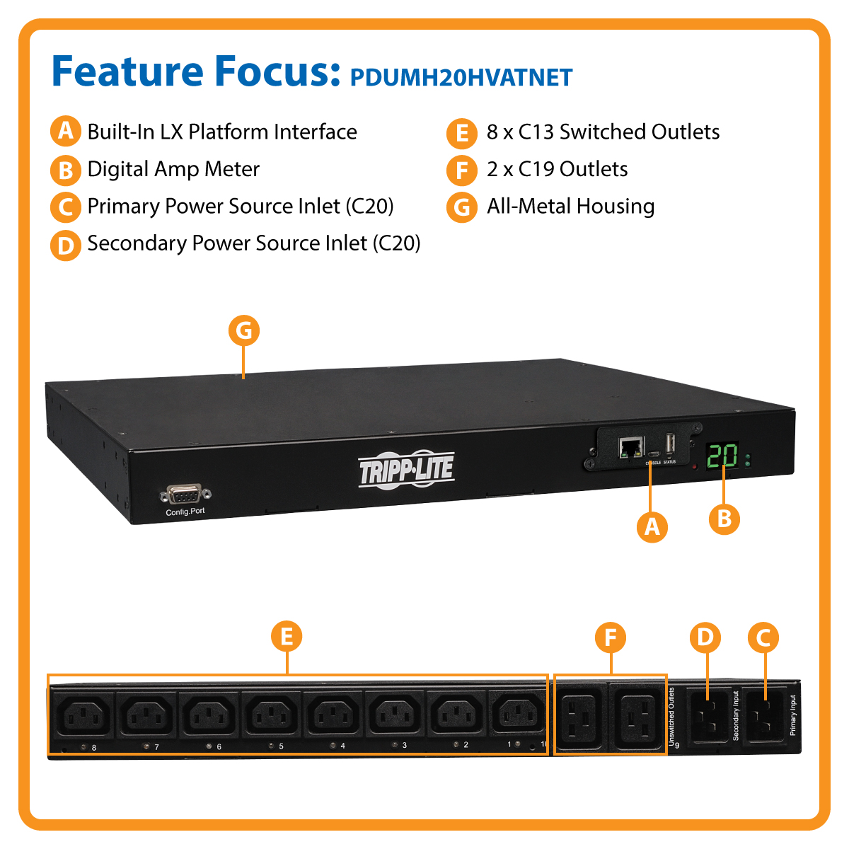 Tripp Lite PDU Switched ATS 200-240V 16/20A 8 C13 2 C19 C20 Horizontal ...