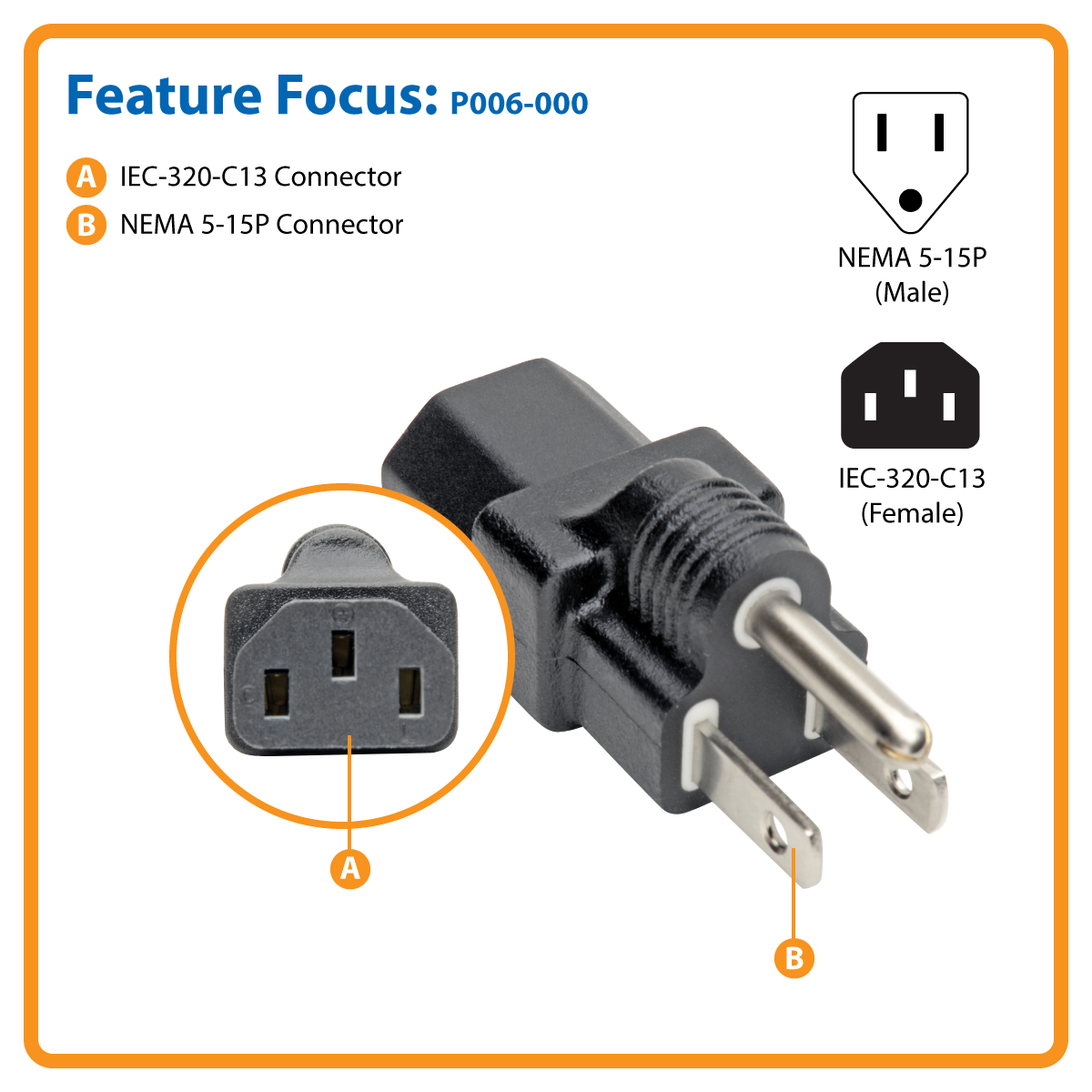 Tripp Lite NEMA 5-15P to C13 Power Cord Adapter - 15A, 125V, Black - power connector adapter ...